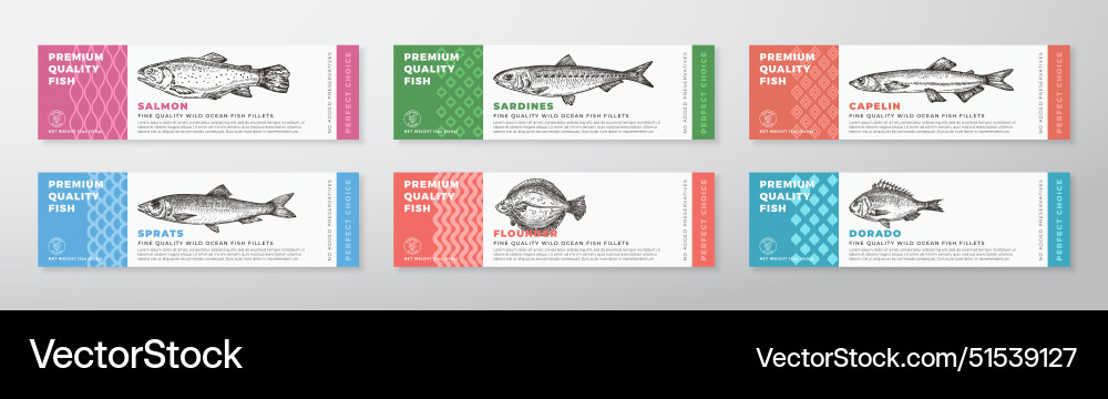 Fish seafood packaging label design Royalty Free Vector