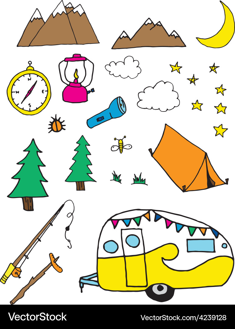 Cheerful Camping Doodles Royalty Free Vector Image