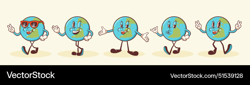 Groovy earth retro characters set cartoon planet Vector Image