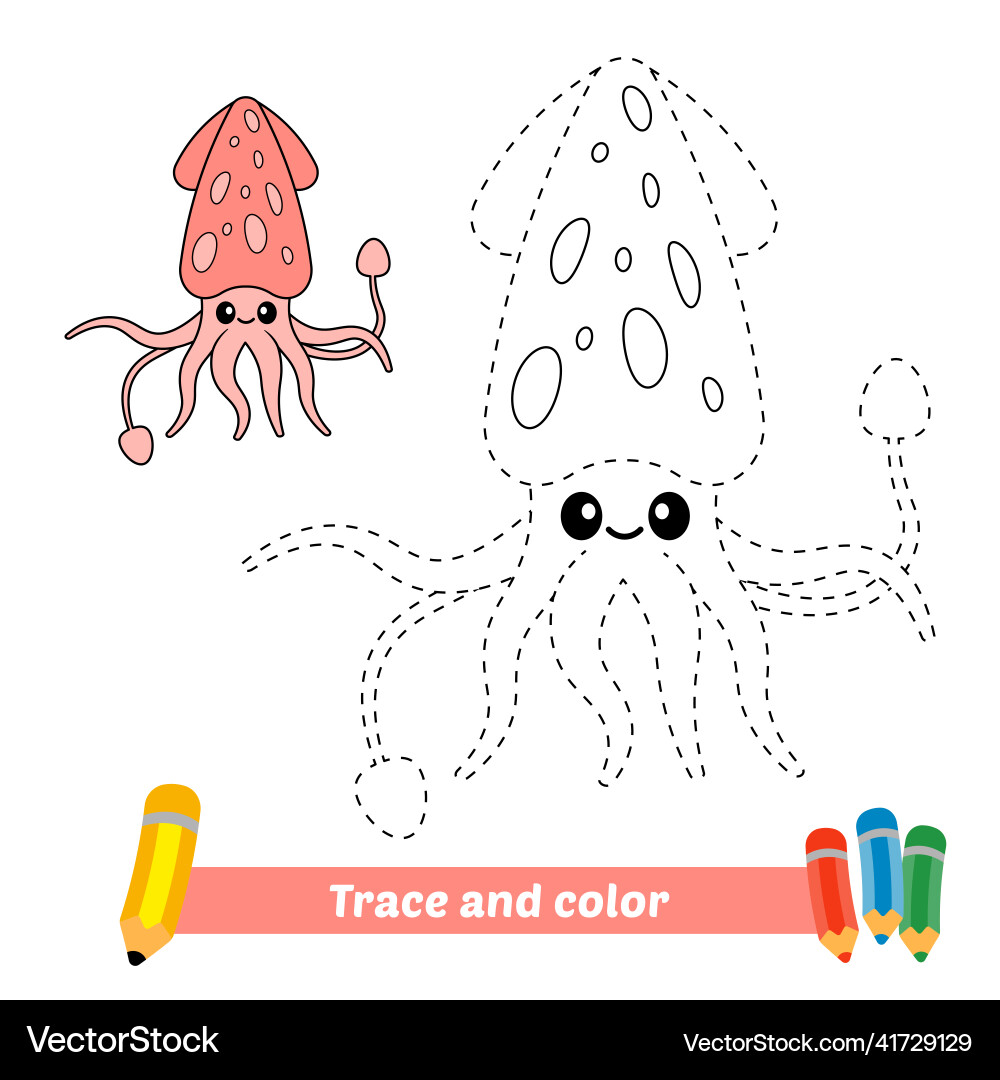 Trace and color for kids squid Royalty Free Vector Image