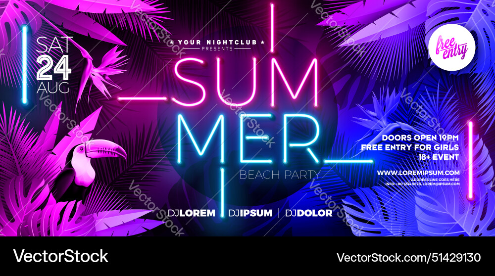 Summer party banner design template with glowing Vector Image
