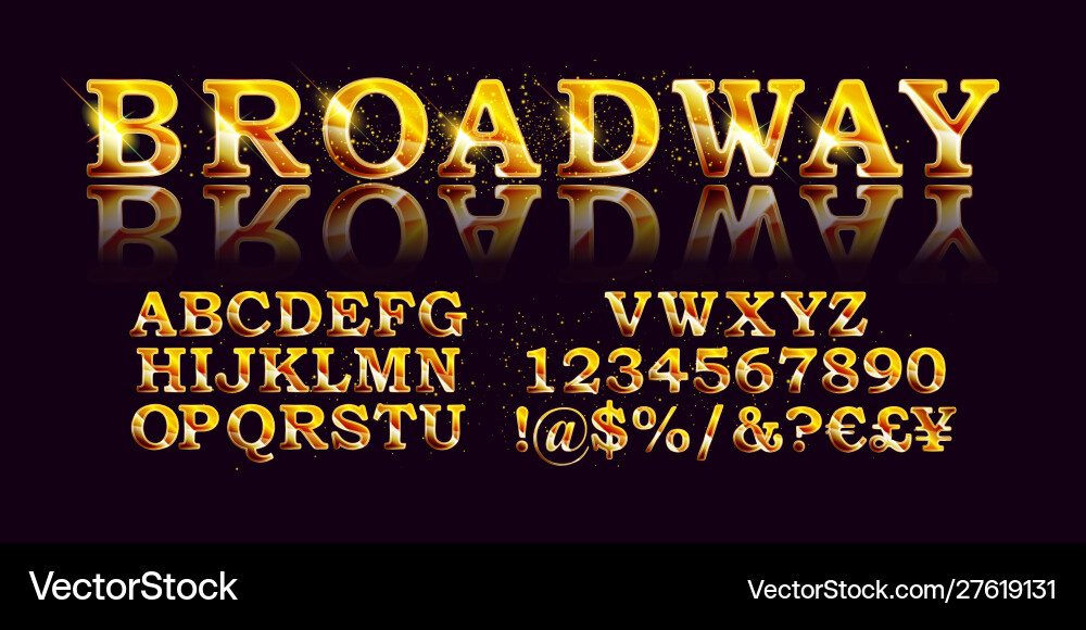 Gold Broadway Neon Font Royalty Free Vector Image