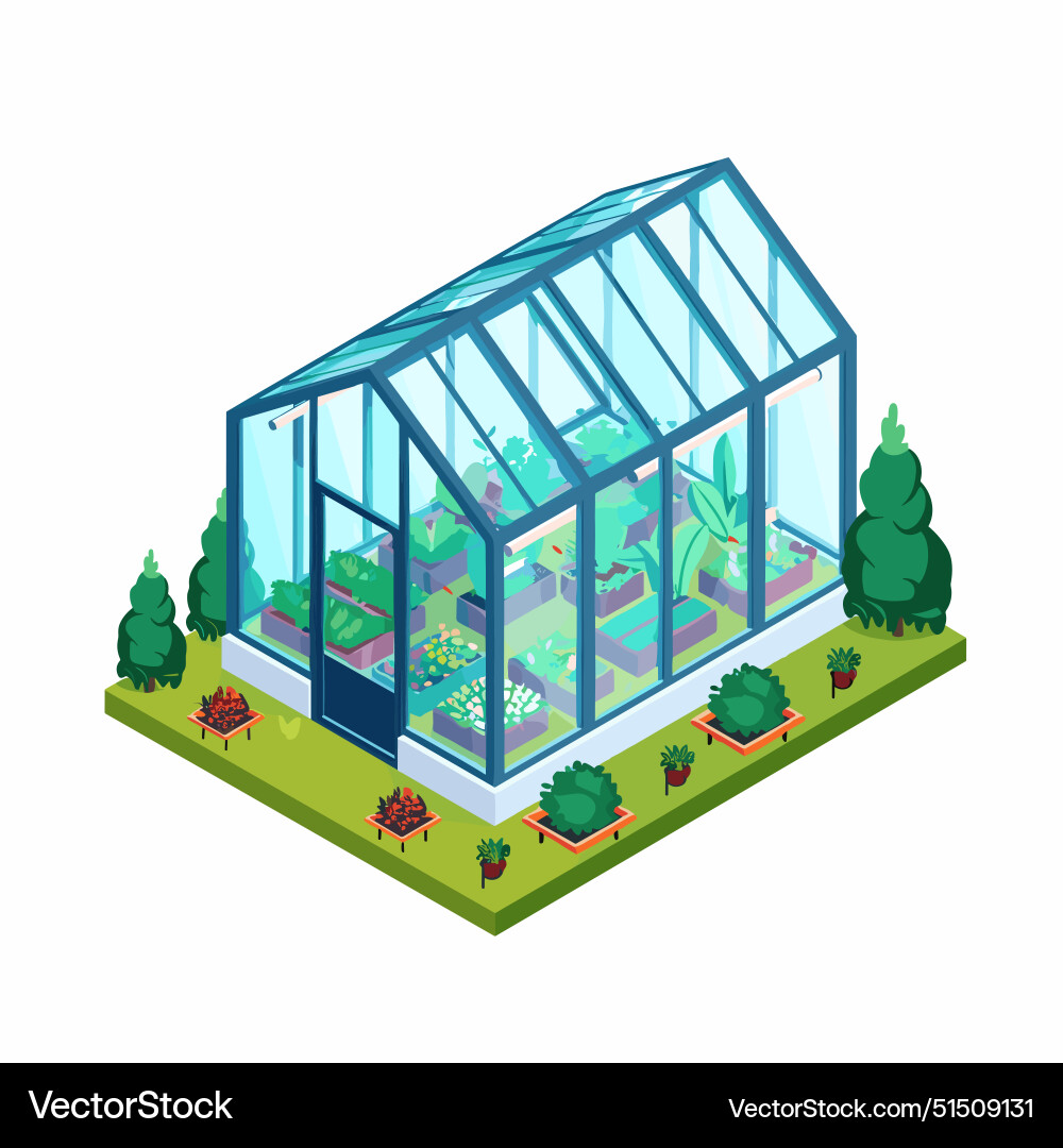 Isometric greenhouse surrounded plants trees Vector Image