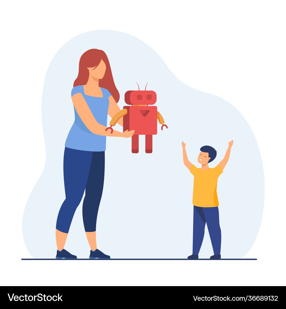 Mom giving robot to happy kid Royalty Free Vector Image