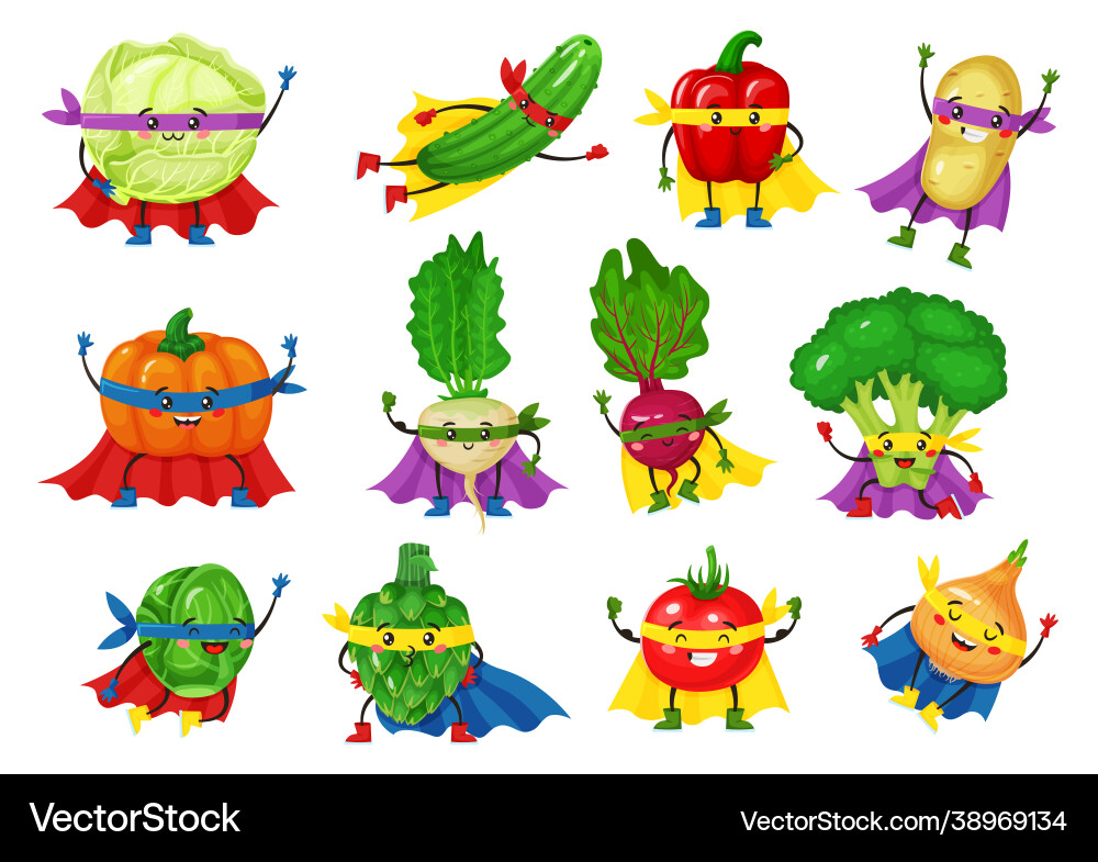 Vegetable hero characters funny tomato broccoli Vector Image