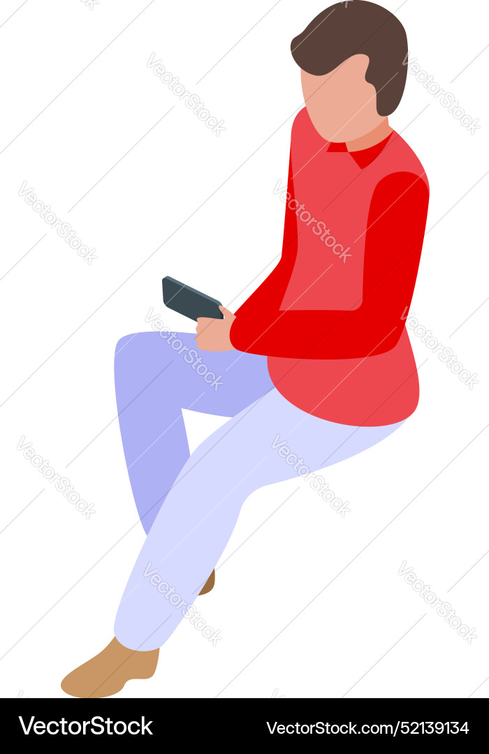 Young man is sitting cross legged using his Vector Image