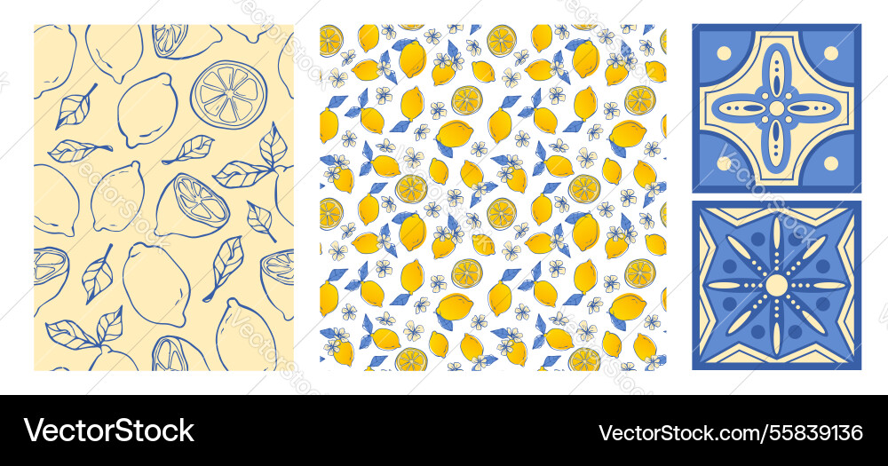 Floral lemon and mediterranean tile patterns set Vector Image