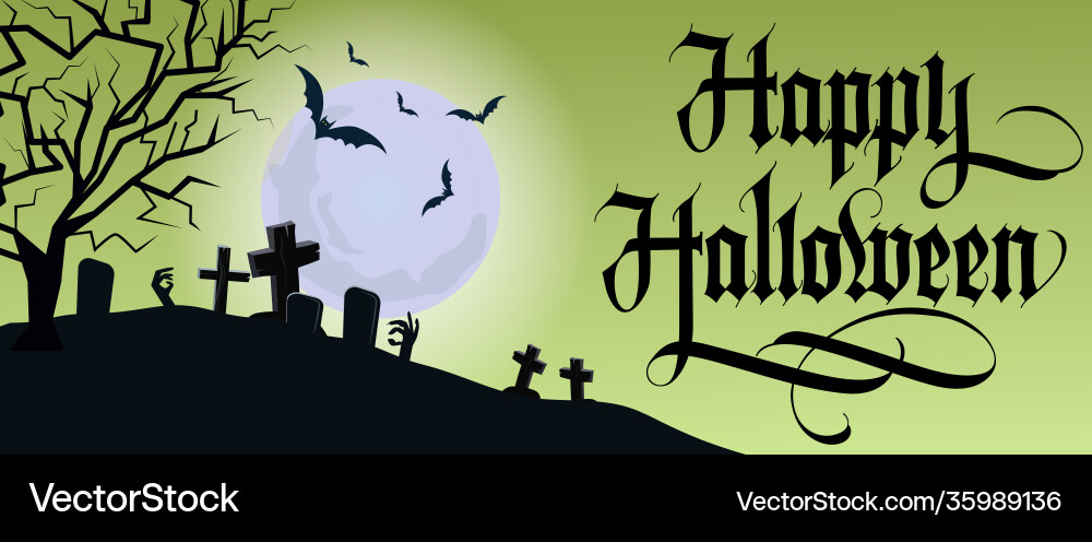 Happy halloween lettering with moon and graveyard Vector Image