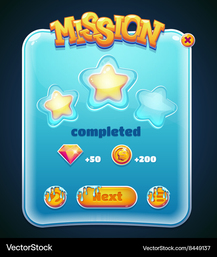 Game window for mission completed computer app Vector Image