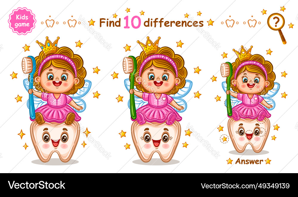 Tooth fairy princess find difference puzzle game Vector Image