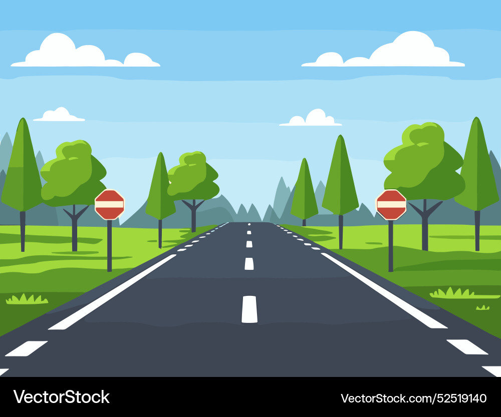 Straight road leading through green landscape Vector Image
