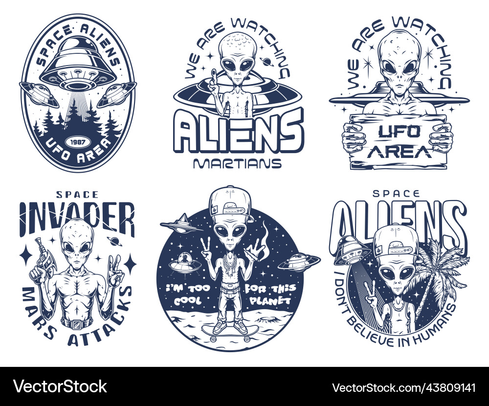Alien ufo set monochrome logotypes Royalty Free Vector Image