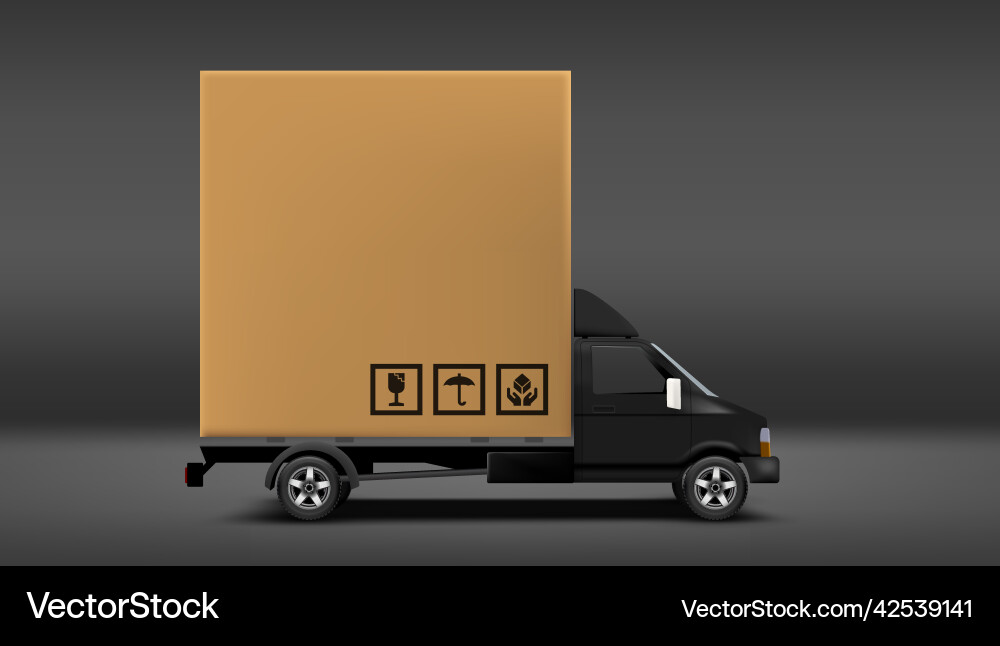 Big cardboard box package on black truck Vector Image