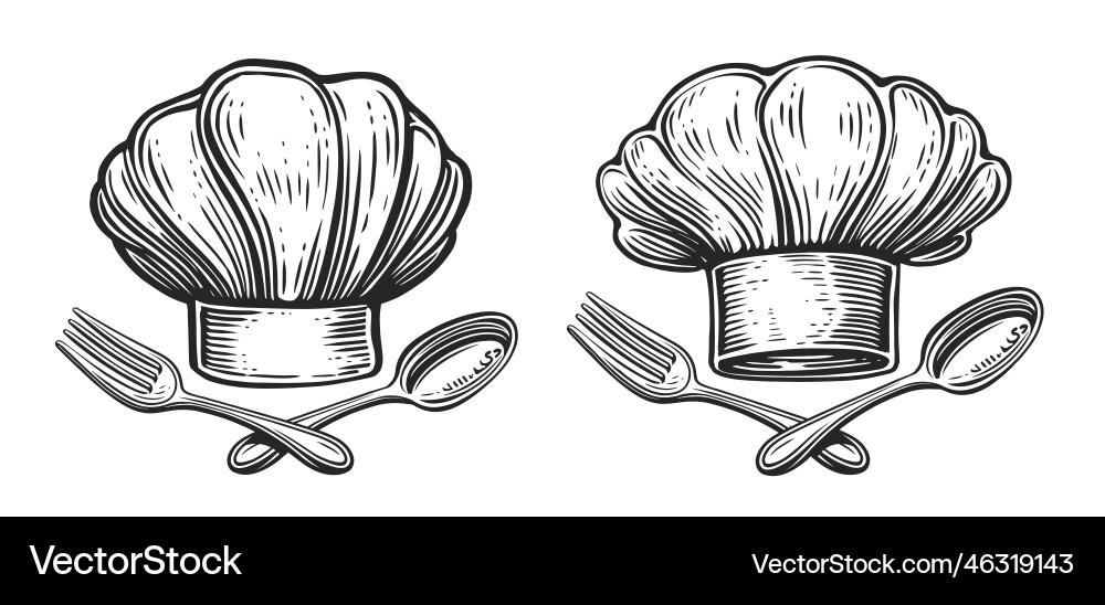 Chef hat with spoon and fork cook emblem or badge Vector Image