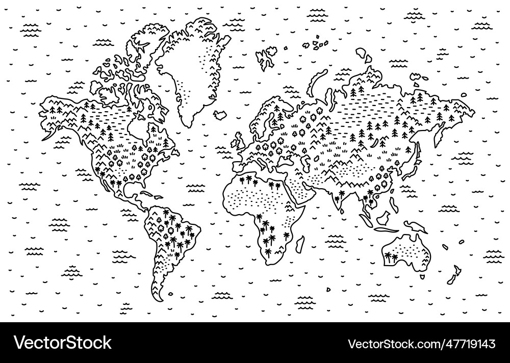 Freehand world map sketch editable outline Vector Image