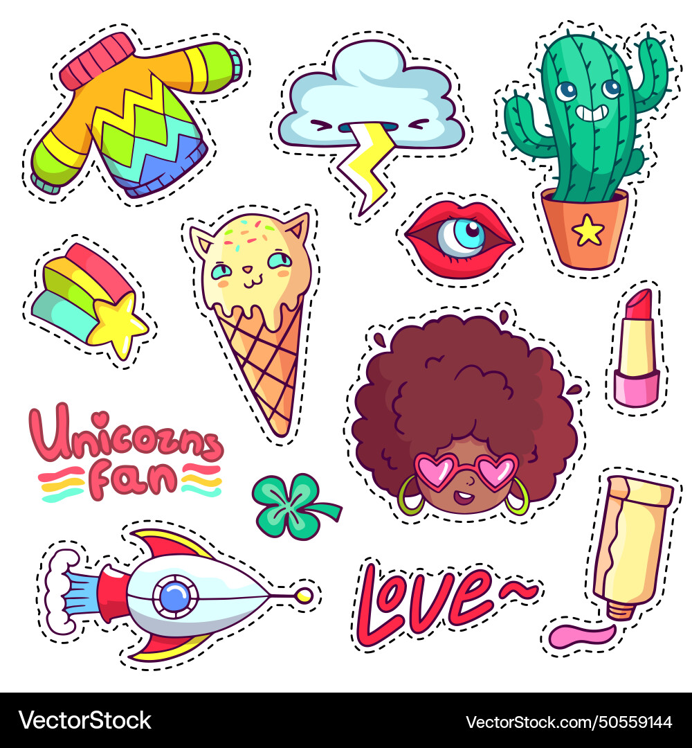Cool stickers set in 80s-90s pop art style patch Vector Image