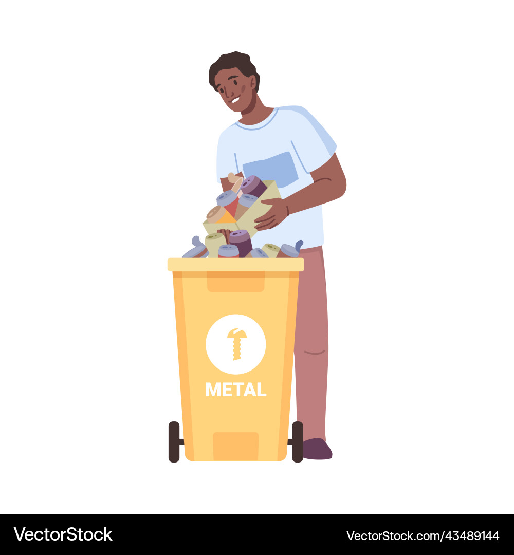 Man sorting metal cans recycling bin Royalty Free Vector