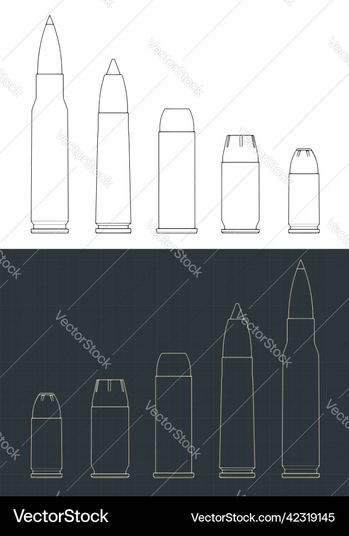 Bullets of various calibers blueprints mini set Vector Image