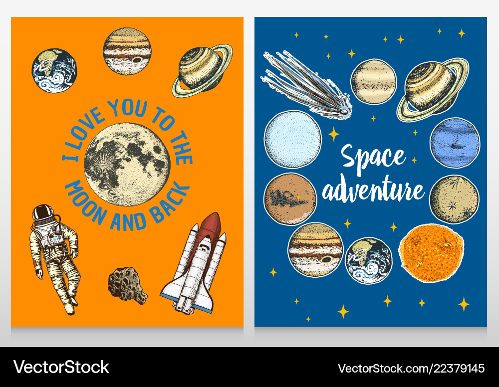 Card planets in solar system and astronaut Vector Image