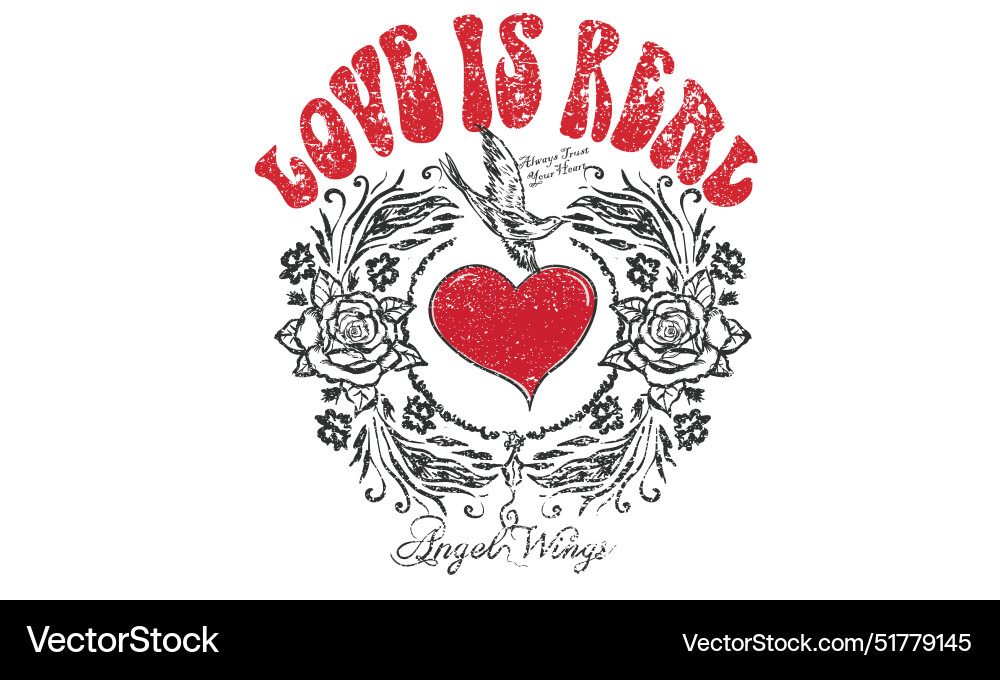 Heart with bird love is real Royalty Free Vector Image