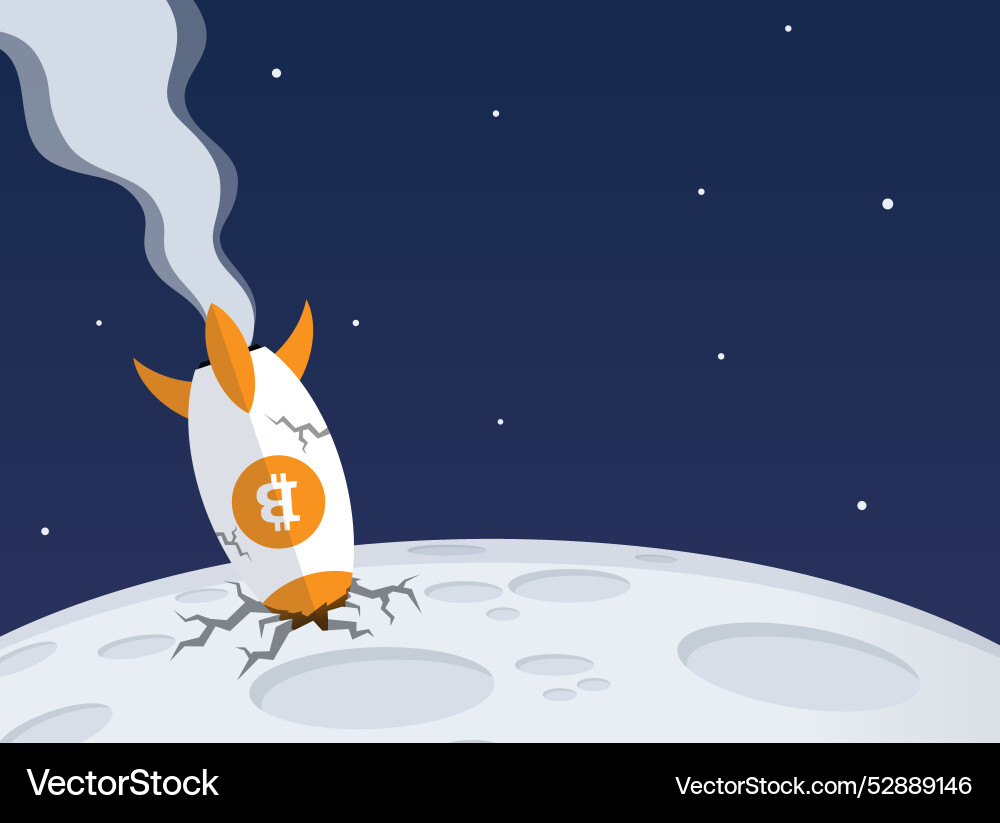 Destroyed bitcoin rocket after hitting the moon Vector Image