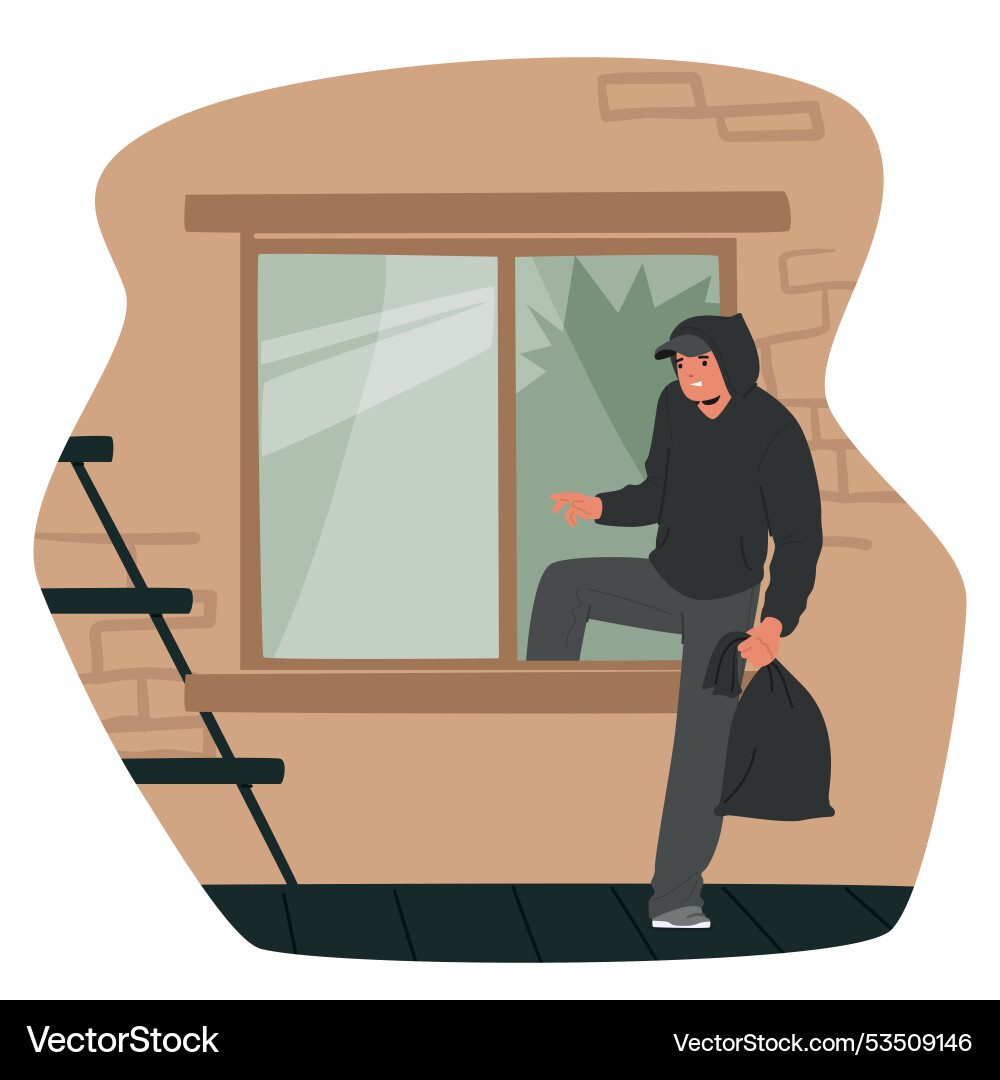 Thief entering a house window with bag in hand Vector Image