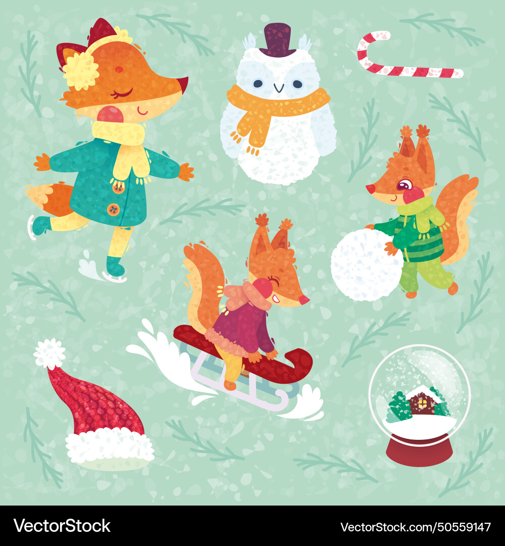 Cartoon forest animals playing outside in snow Vector Image