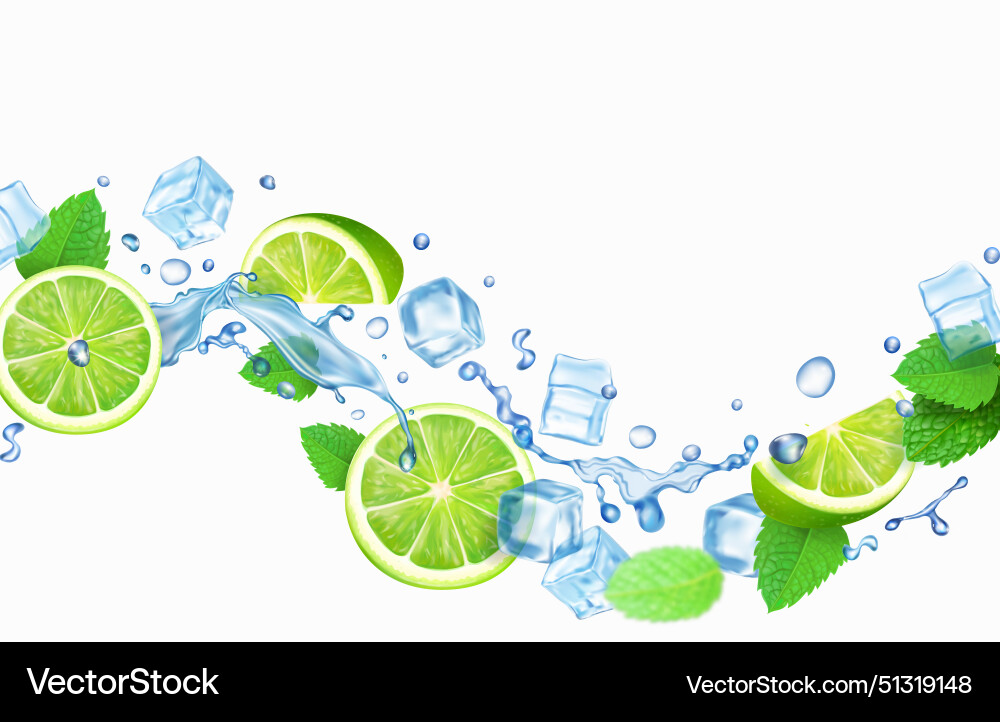 Lime mint and ice cubes in water splash mojito Vector Image