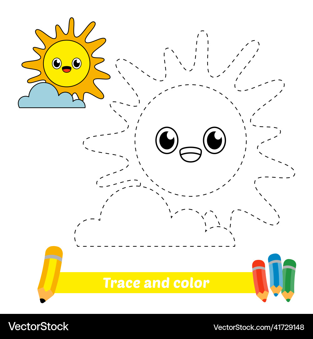 Trace and color for kids sun Royalty Free Vector Image