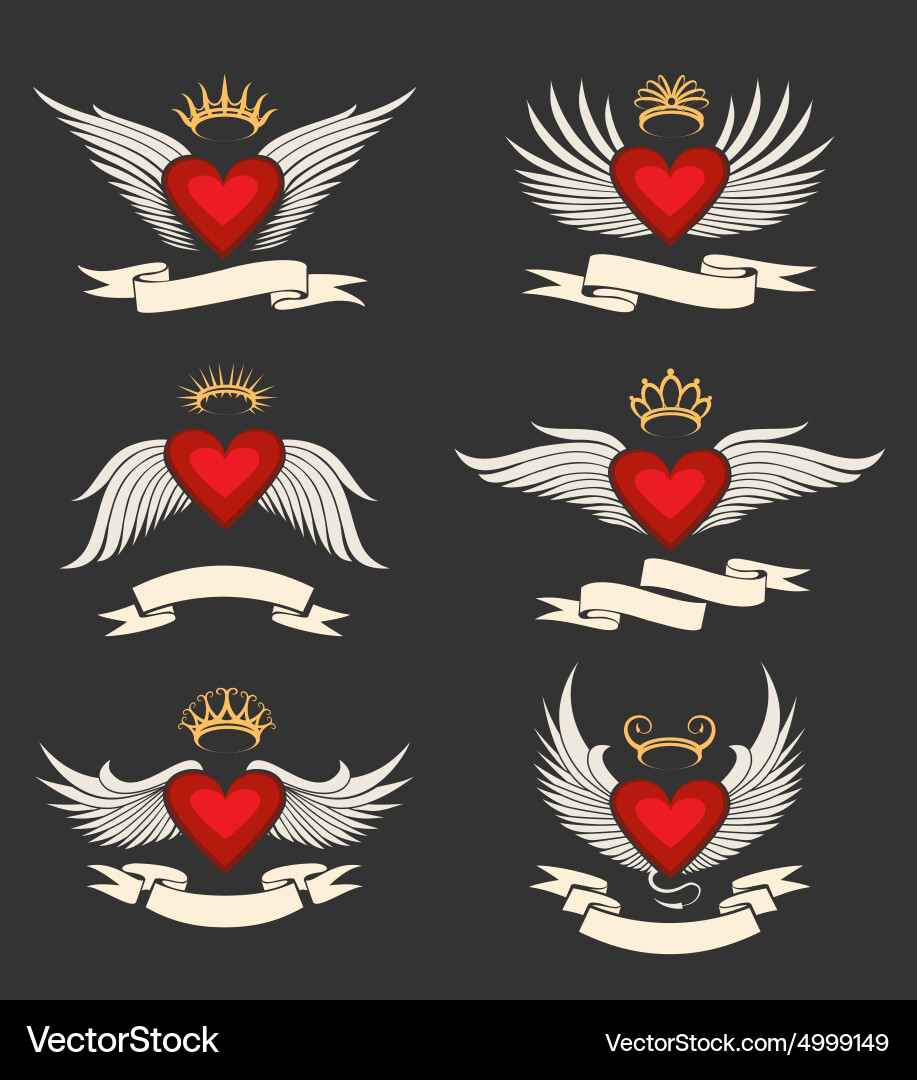 Winged heart emblem set Royalty Free Vector Image