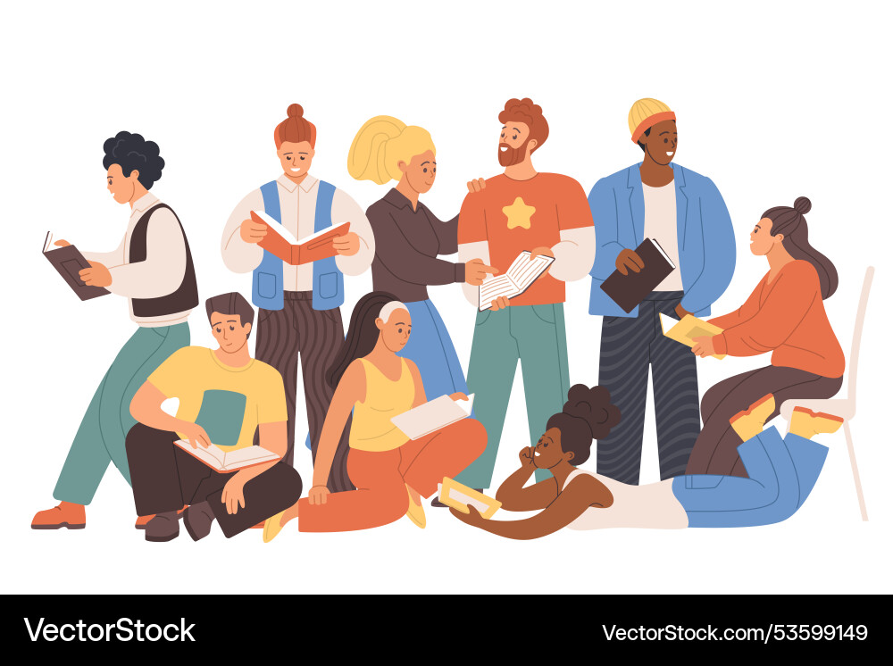 Young people group reading books together happy Vector Image