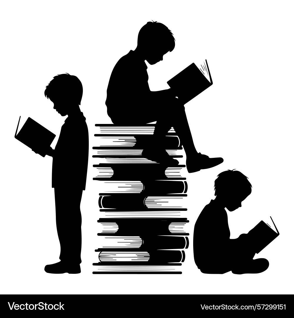 Reading boys silhouette clipart book stack study Vector Image