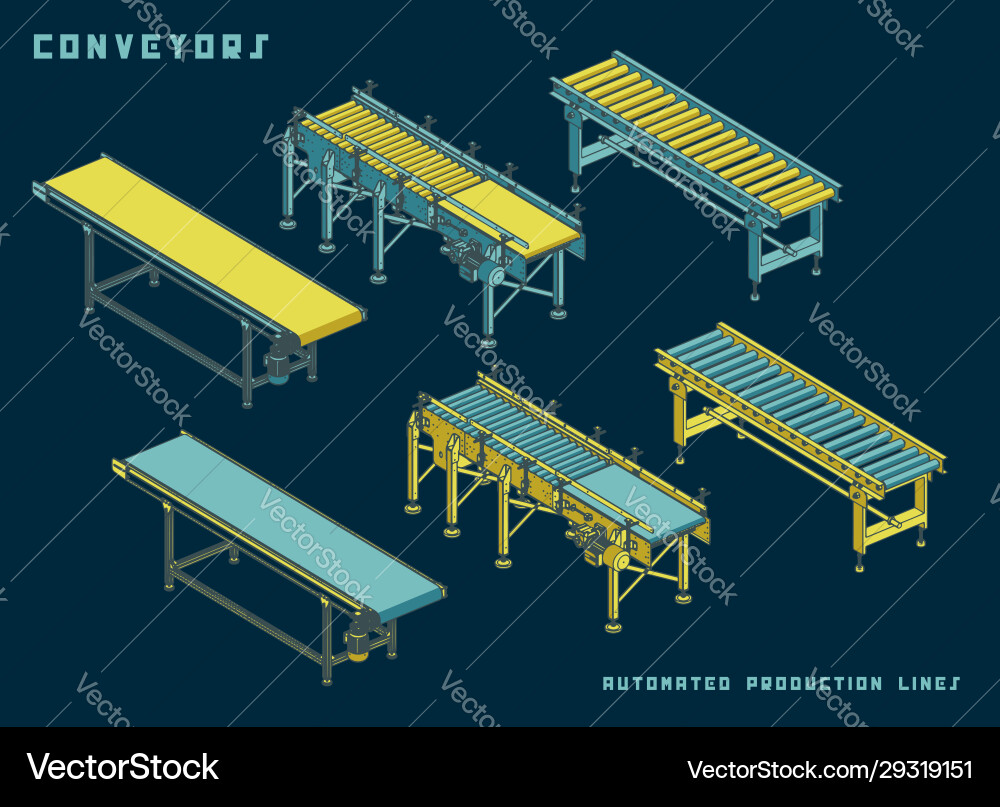 Several types conveyors isometric view Royalty Free Vector