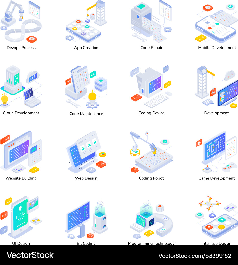 Basic rgbpack of development isometric icons Vector Image