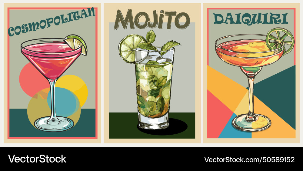 Cocktails retro poster prints art set Royalty Free Vector