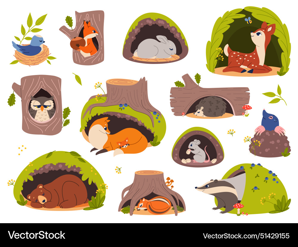 Animals in holes and burrows cartoon forest Vector Image