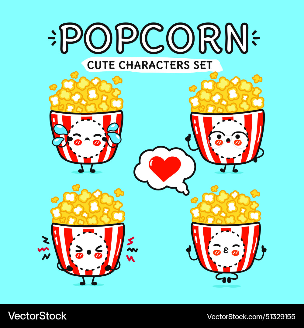 Funny cute happy popcorn characters bundle set Vector Image