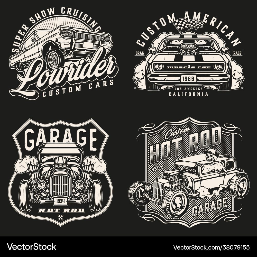 Vintage monochrome custom cars emblems Royalty Free Vector