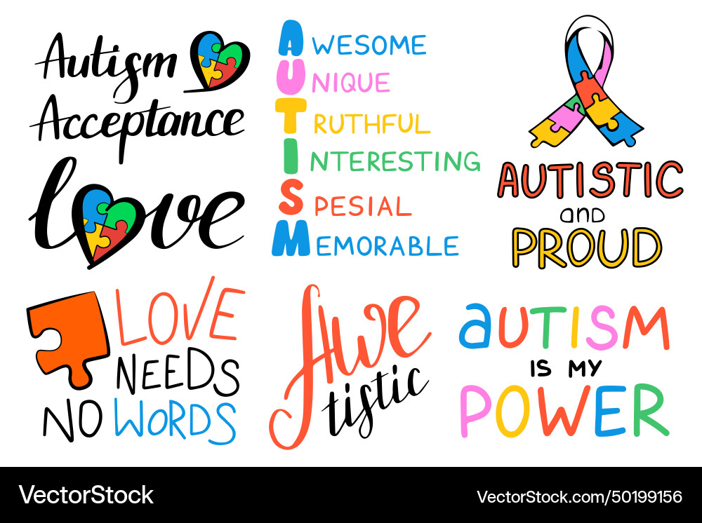 Autism awareness lettering set isolated Royalty Free Vector