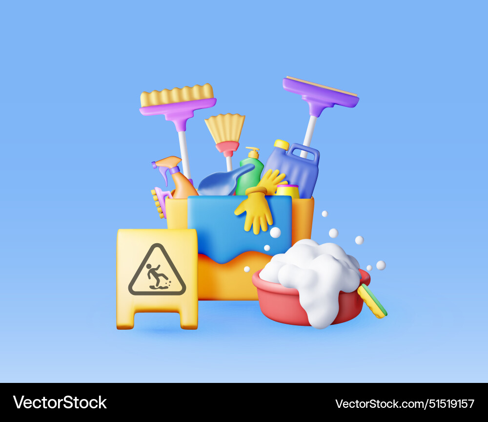 3d set of home cleaning tools isolated Royalty Free Vector