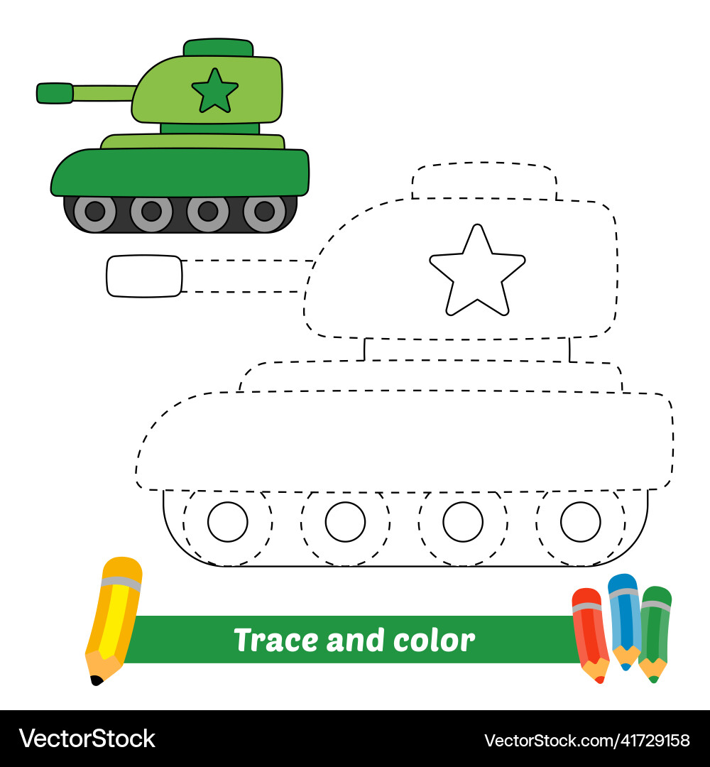 Trace and color for kids tank Royalty Free Vector Image