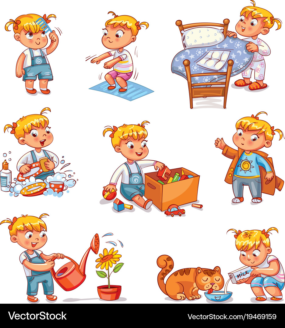Cartoon kid daily routine activities set Vector Image