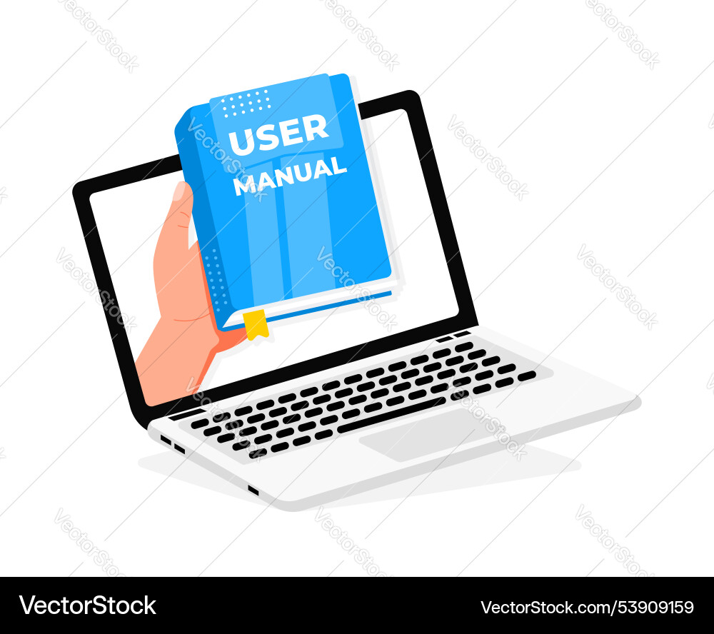 Hand holding user manual from laptop screen online