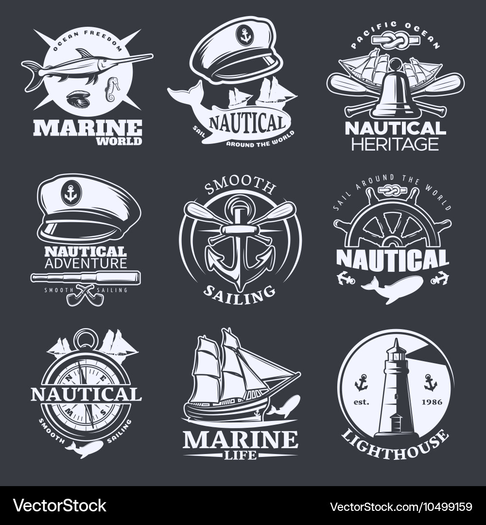Nautical emblem set on black Royalty Free Vector Image