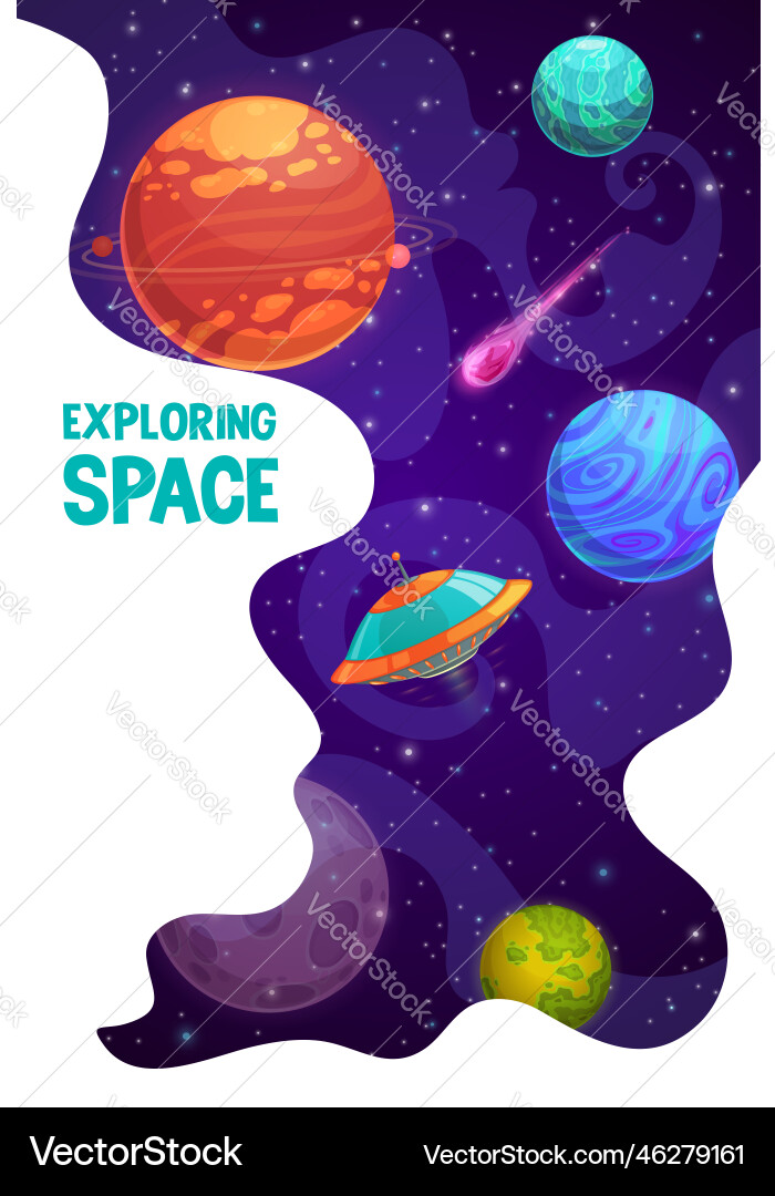 Space exploring poster with ufo stars and planets Vector Image