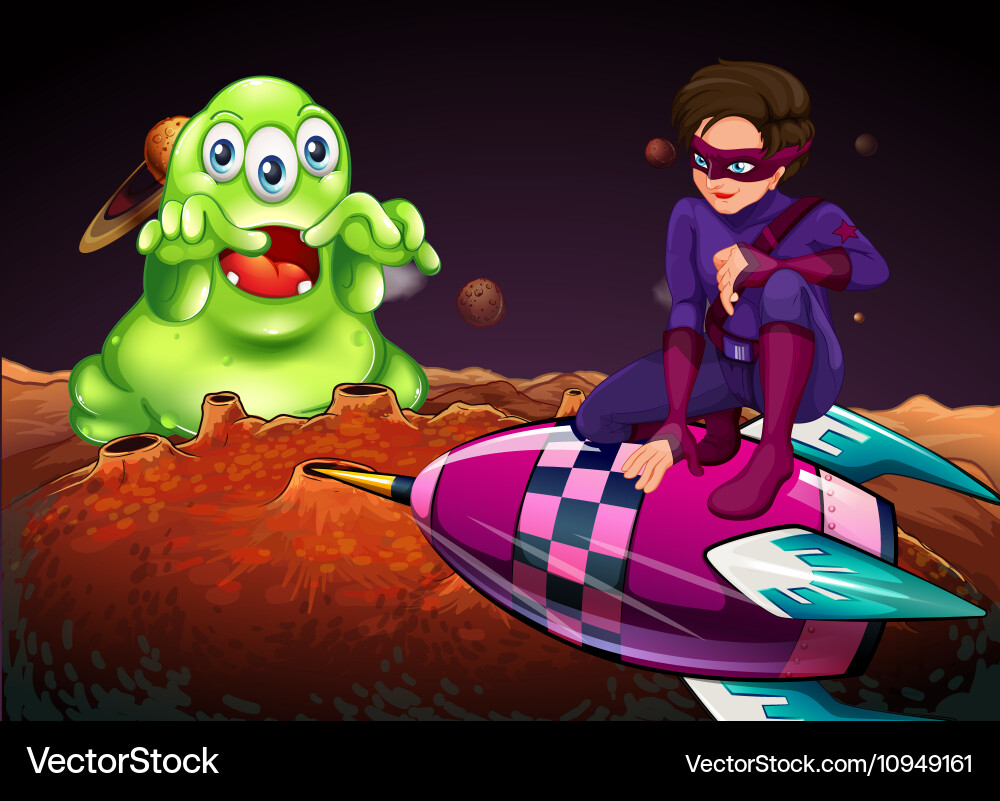 Superhero fighting alien on red planet Royalty Free Vector