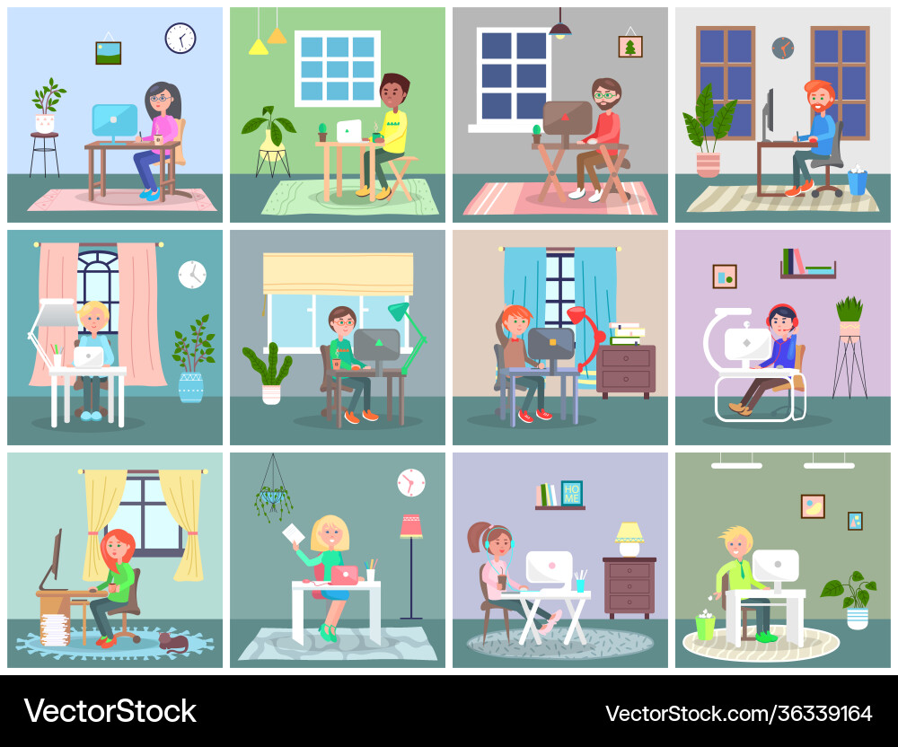 Large set people working at computers Royalty Free Vector