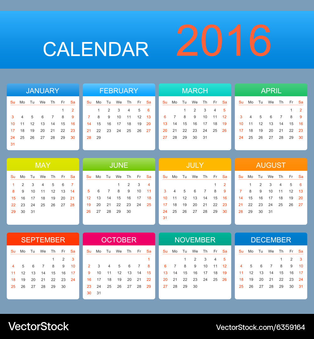 Template calendar 2016 years week starts Vector Image
