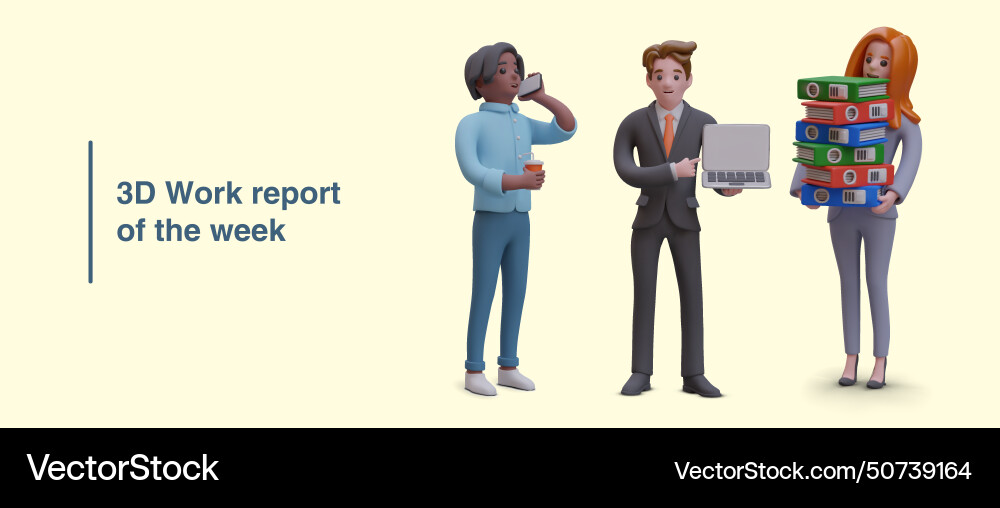 Weekly work report composition with 3d characters Vector Image