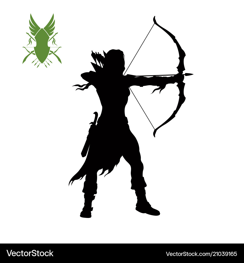 Black silhouette of elven archer with bow Vector Image
